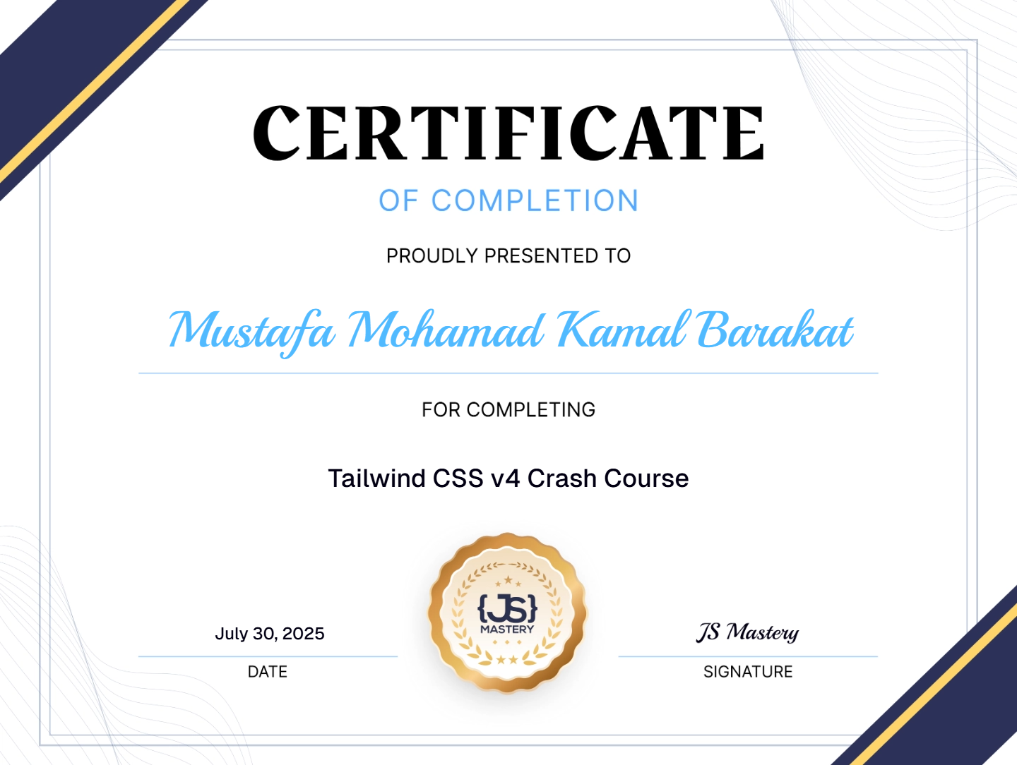 Certificate of Completion: Tailwind CSS v4 Crash Course Completion